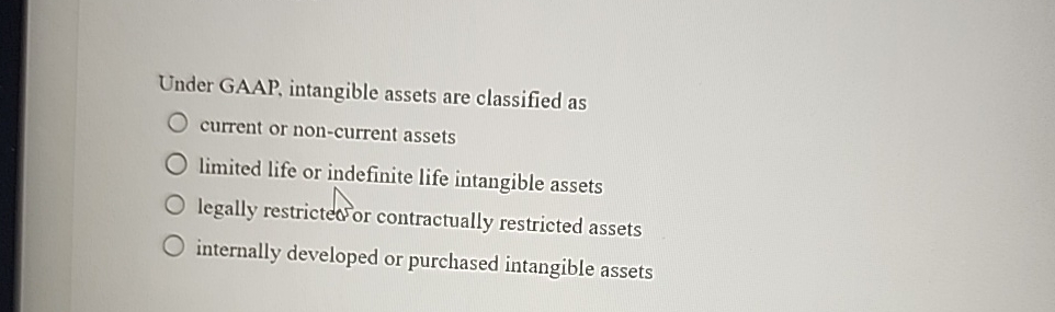 Solved Under GAAP, intangible assets are classified | Chegg.com