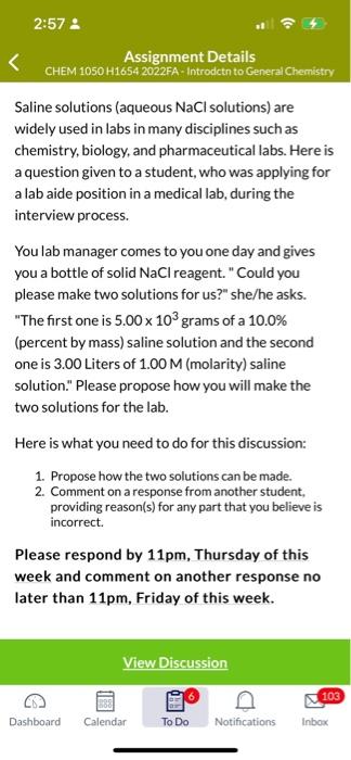 Solved Saline solutions (aqueous NaCl solutions) are widely | Chegg.com