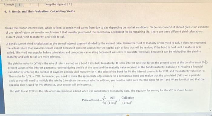 Solved 4. 4: Bonds and Their Valuation: Calculating Yields | Chegg.com