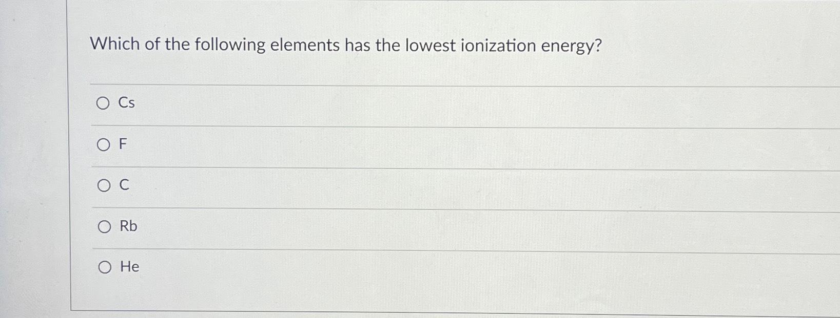 Solved Which of the following elements has the lowest | Chegg.com