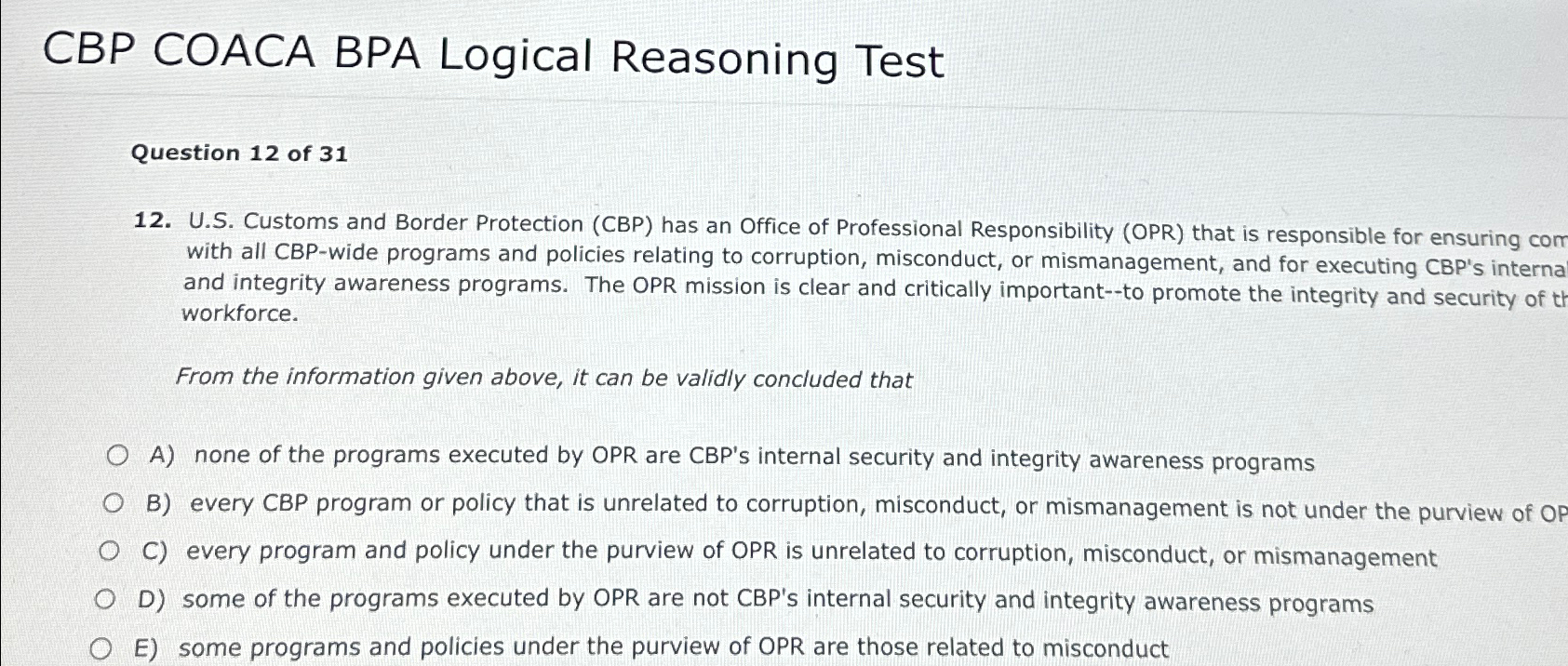 Solved CBP COACA BPA Logical Reasoning TestQuestion 12 ﻿of | Chegg.com
