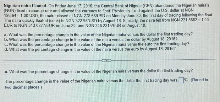 Solved Nigerian naira Floated. On Friday June 17, 2016, the | Chegg.com