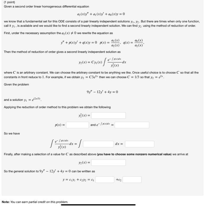Solved (1 point) Given a second order linear homogeneous | Chegg.com