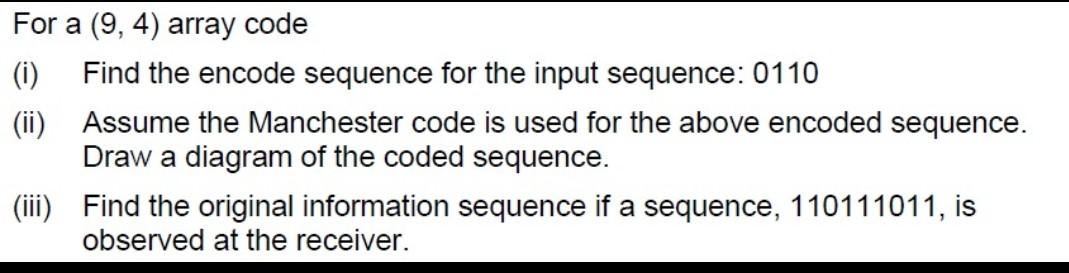 Solved For a (9,4) array code (i) Find the encode sequence | Chegg.com
