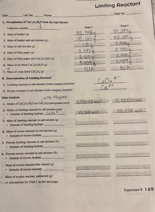 Solved Limiting Reactant Desk No. B. Determination of | Chegg.com