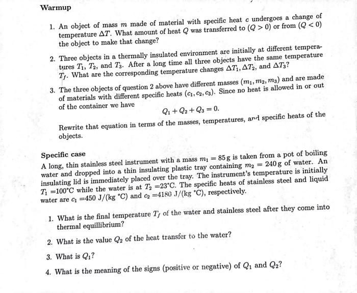 Solved Warmup 1. An object of mass m made of material with | Chegg.com