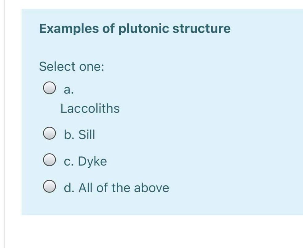 Solved Examples of plutonic structure Select one: a. | Chegg.com