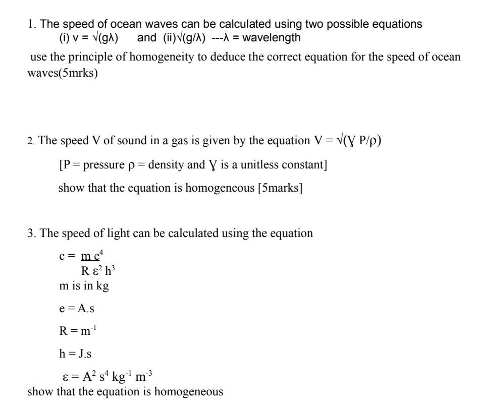 Solved 1. The speed of ocean waves can be calculated using | Chegg.com