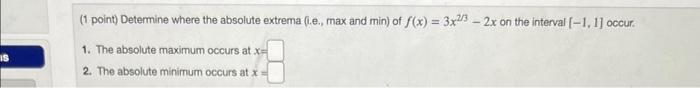 Solved (1 point) Determine where the absolute extrema (i.e., | Chegg.com