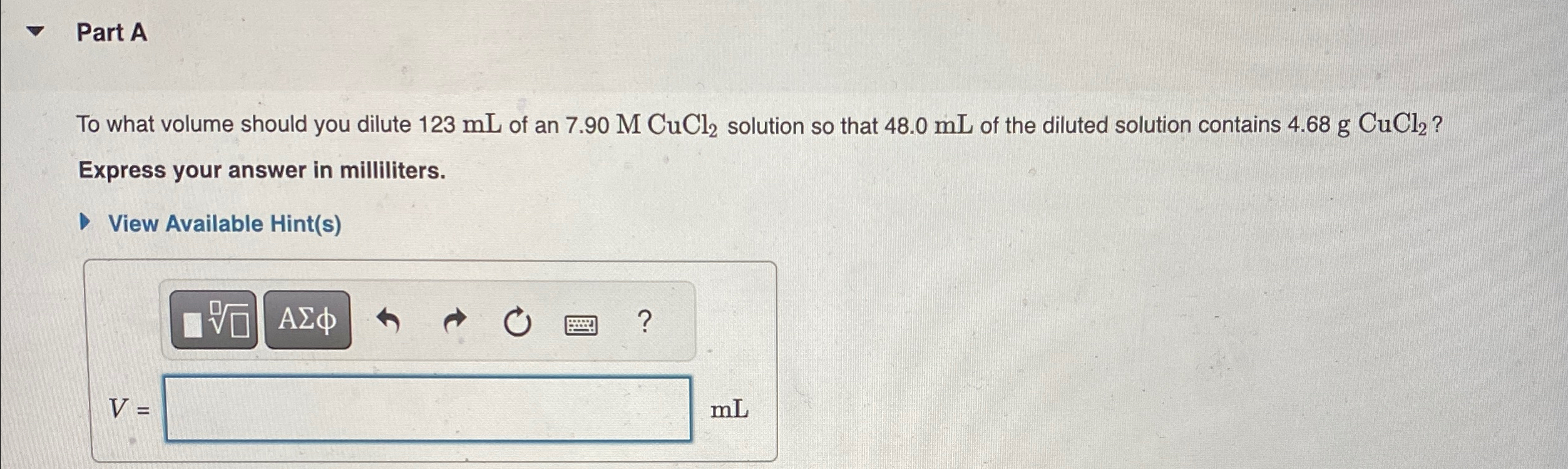 Part ATo what volume should you dilute 123mL ﻿of an | Chegg.com