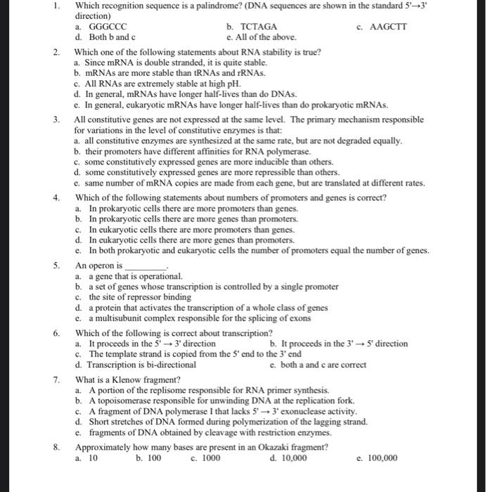 Solved 1 Which Recognition Sequence Is A Palindrome Dna 1618
