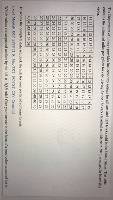 Solved The Department of Energy provides fuel economy | Chegg.com