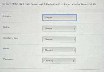 Solved For each of the plant traits below, match the trait | Chegg.com