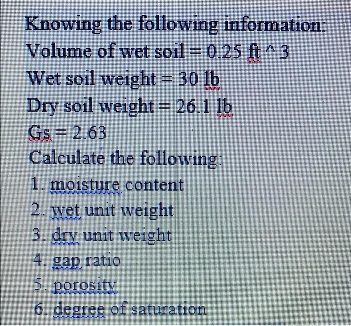 Solved Knowing the following information: Volume of wet soil | Chegg.com