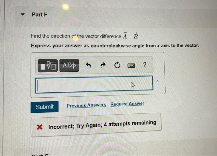 Solved Part F Find the direction of the vector difference | Chegg.com