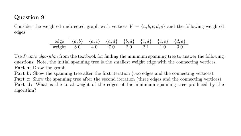 Solved Question 9Consider the weighted undirected graph with | Chegg.com