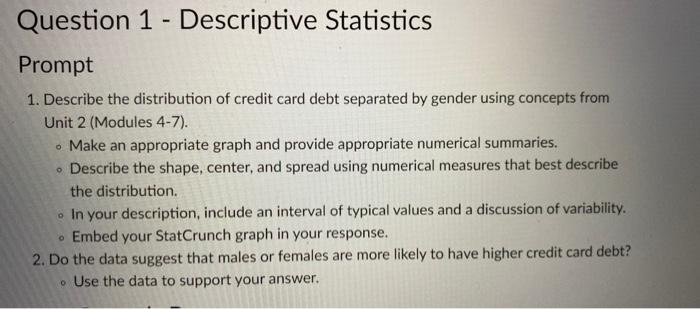 Solved Question 1 - Descriptive Statistics Prompt 1. | Chegg.com