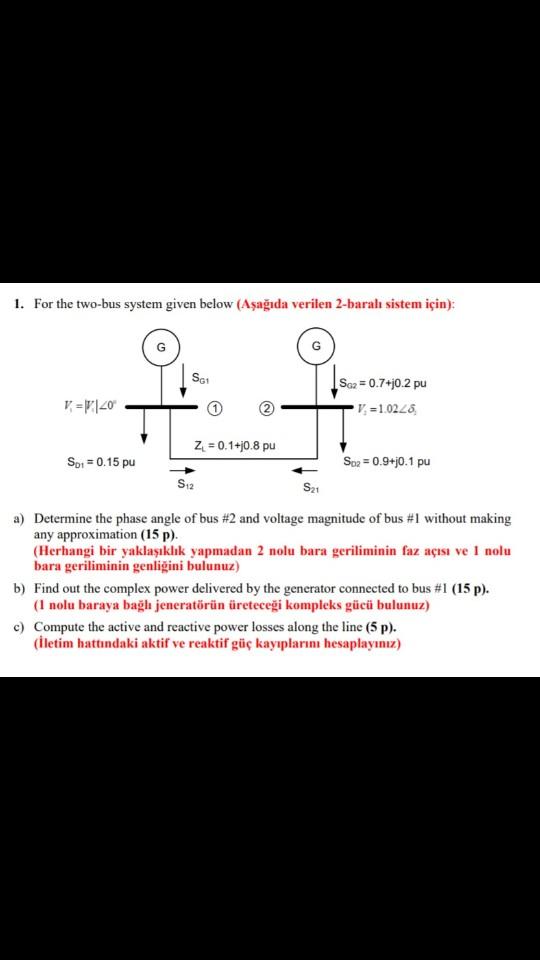 Solved For the two-bus system given below a) Determine the | Chegg.com