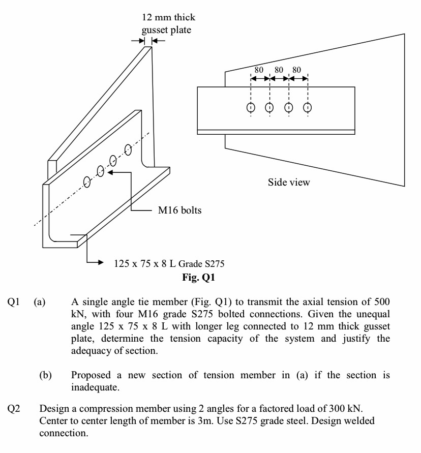 Solved Q1 (a) ﻿A single angle tie member (Fig. ﻿Q1) ﻿to | Chegg.com