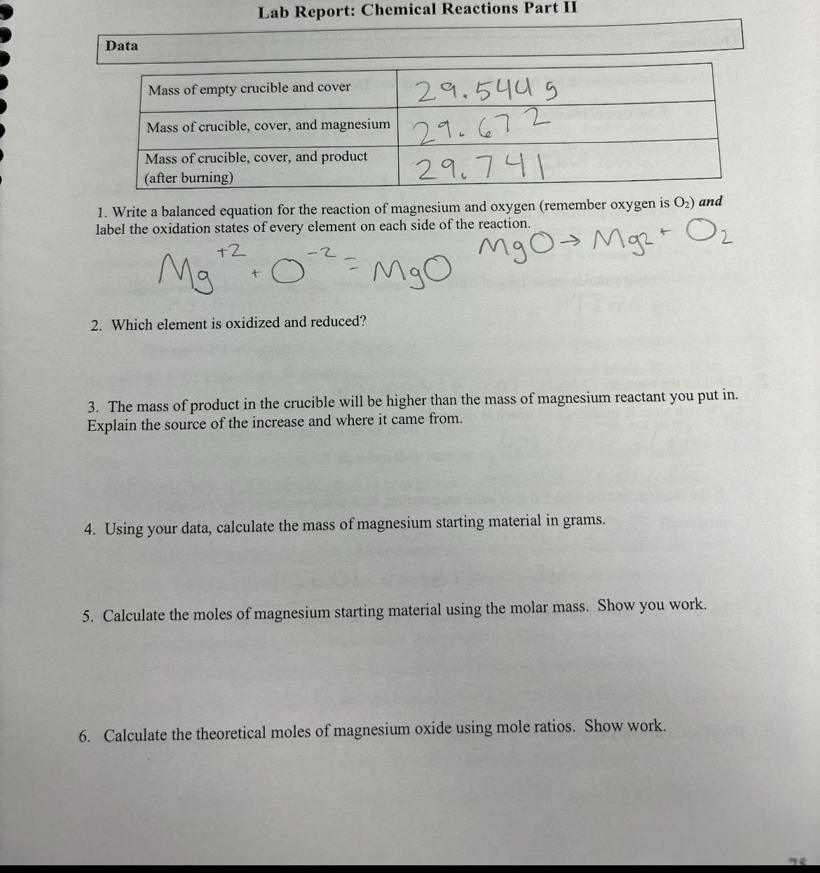 Solved Lab Report: Chemical Reactions Part | Chegg.com