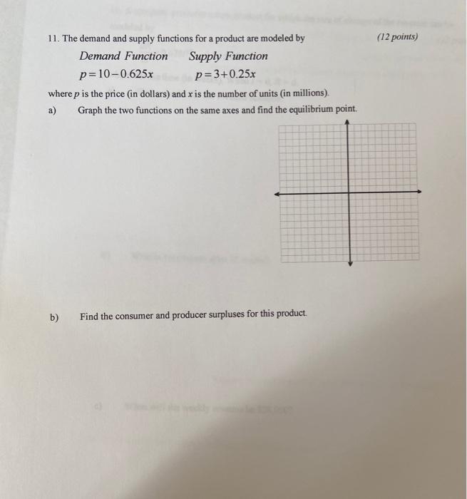 Solved (12 points) 11. The demand and supply functions for a | Chegg.com