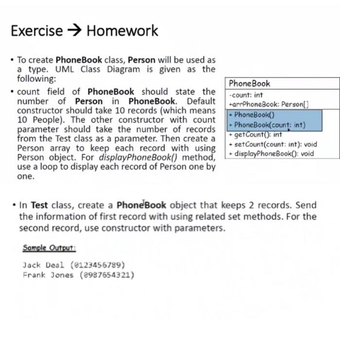 Solved Exercise → Homework • To create PhoneBook class, | Chegg.com