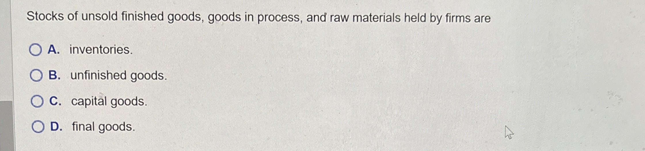 Solved Stocks of unsold finished goods, goods in process, | Chegg.com