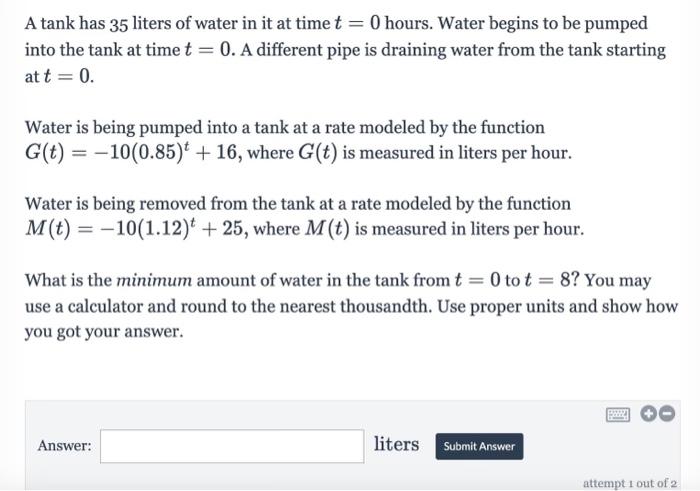 Solved A tank has 35 liters of water in it at time t=0 | Chegg.com