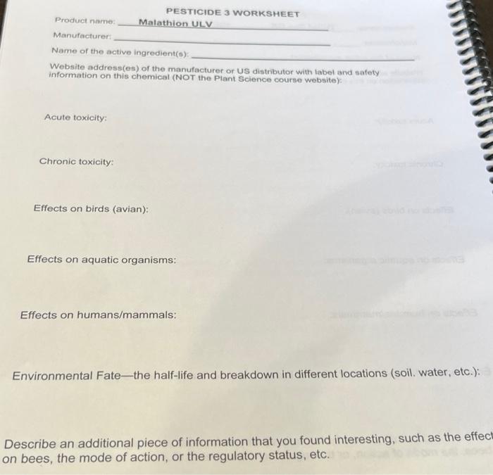 Solved PESTICIDE 3 WORKSHEET Malathion ULV Product name: | Chegg.com