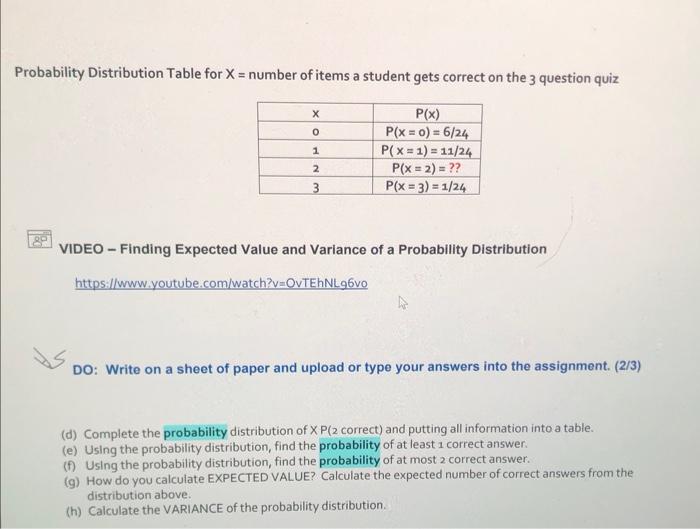Solved (d) Complete the probability distribution of X P(2 | Chegg.com