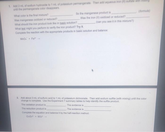 Solved 000 1. To identity products in oxidation reduction | Chegg.com