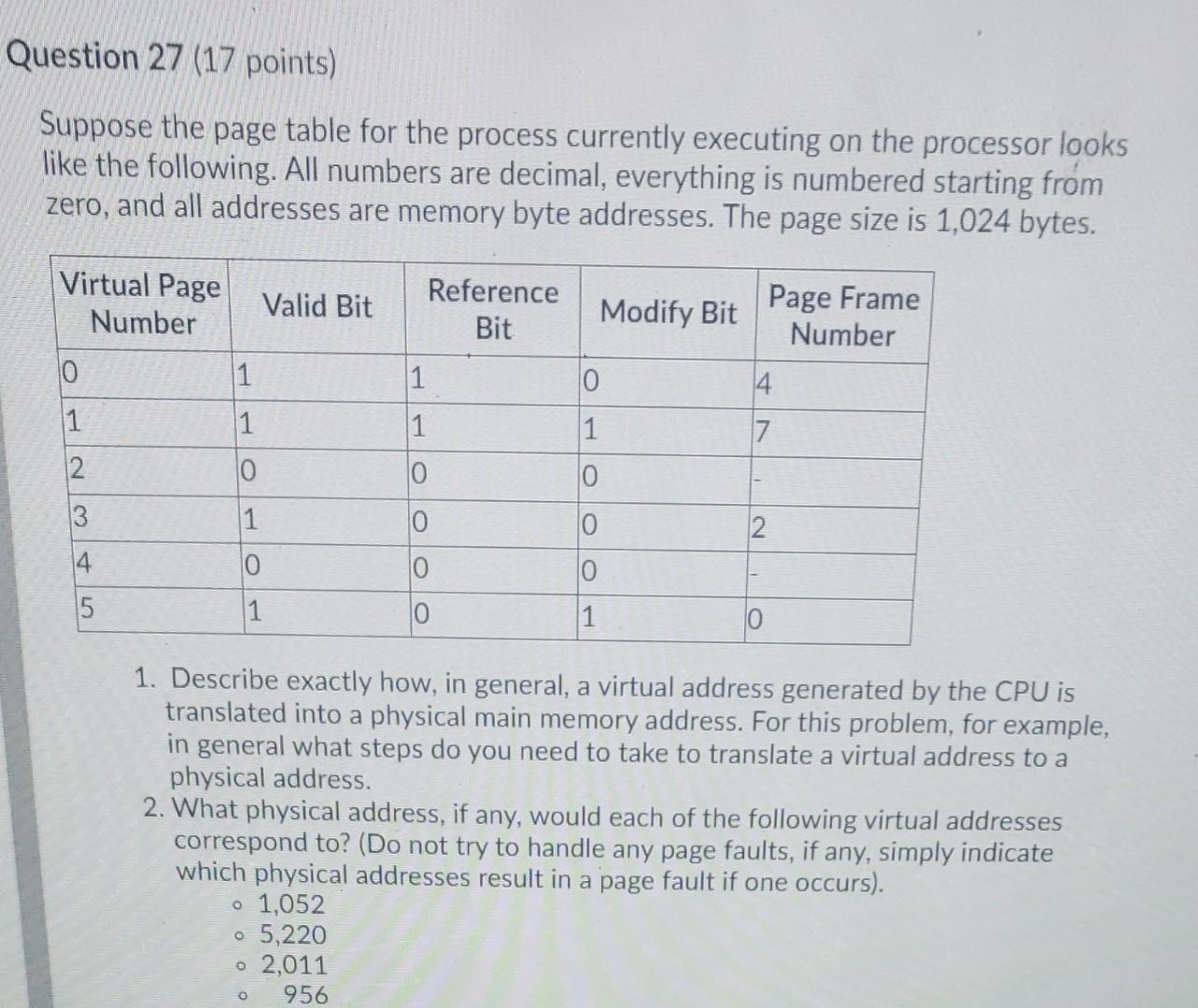 Solved Question 27 (17 points) Suppose the page table for | Chegg.com