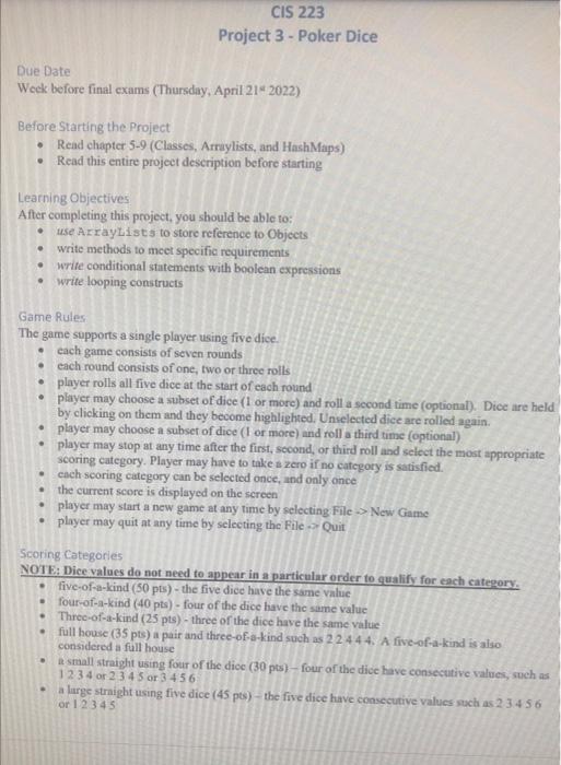 Solved CIS 223 Project 3 - Poker Dice Due Date Week before | Chegg.com