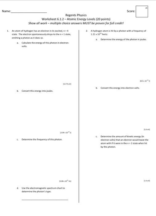 Solved Name: Score: Regents Physics Worksheet 6.1.2- Atomic | Chegg.com