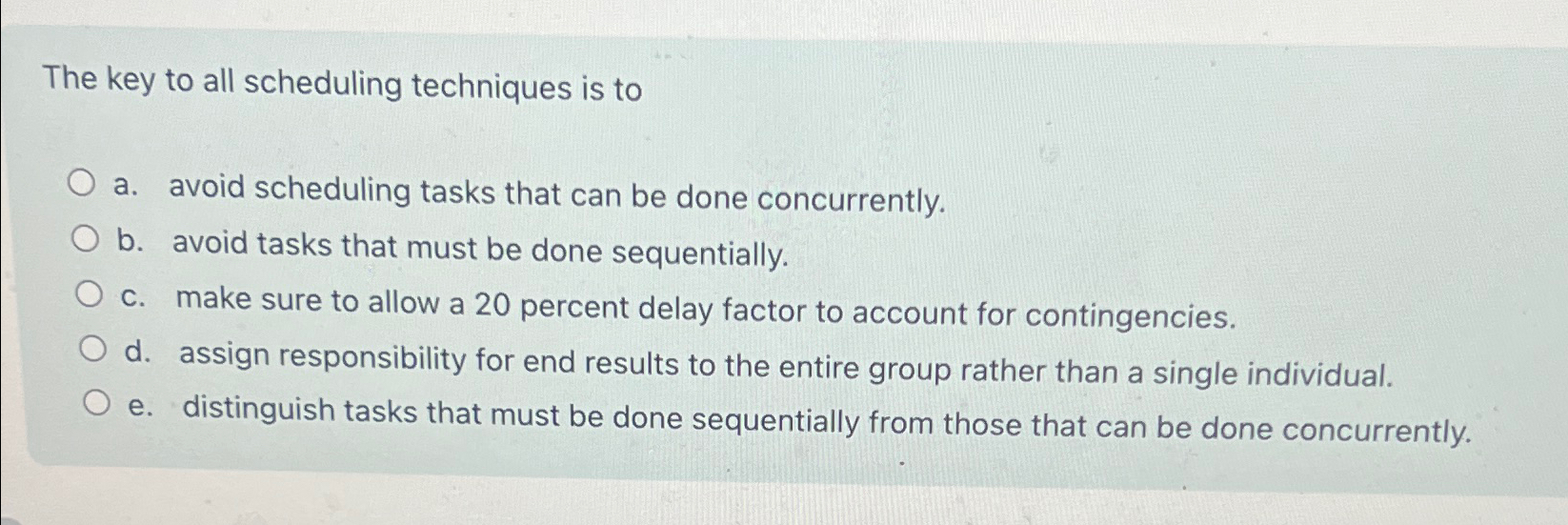 Solved The key to all scheduling techniques is toa. ﻿avoid | Chegg.com