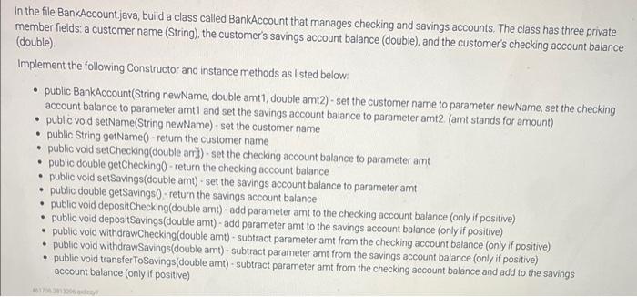 Solved In the file BankAccount.java, build a class called | Chegg.com