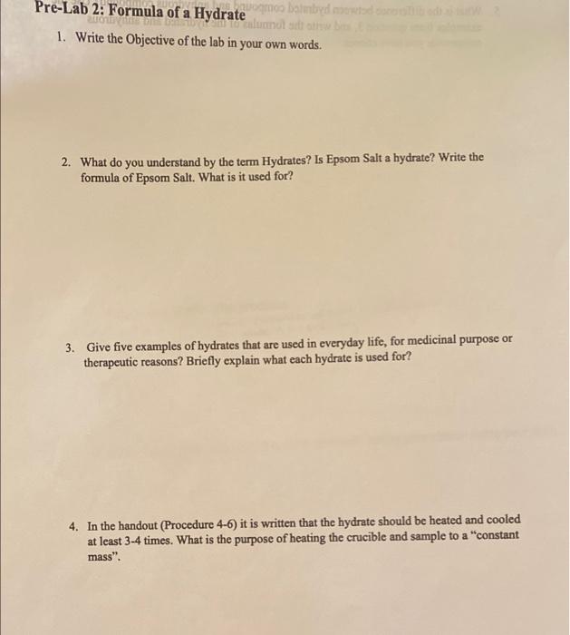 Solved Pre-Lab 2: Formula of a Hydratea balmbyd med from 1. | Chegg.com