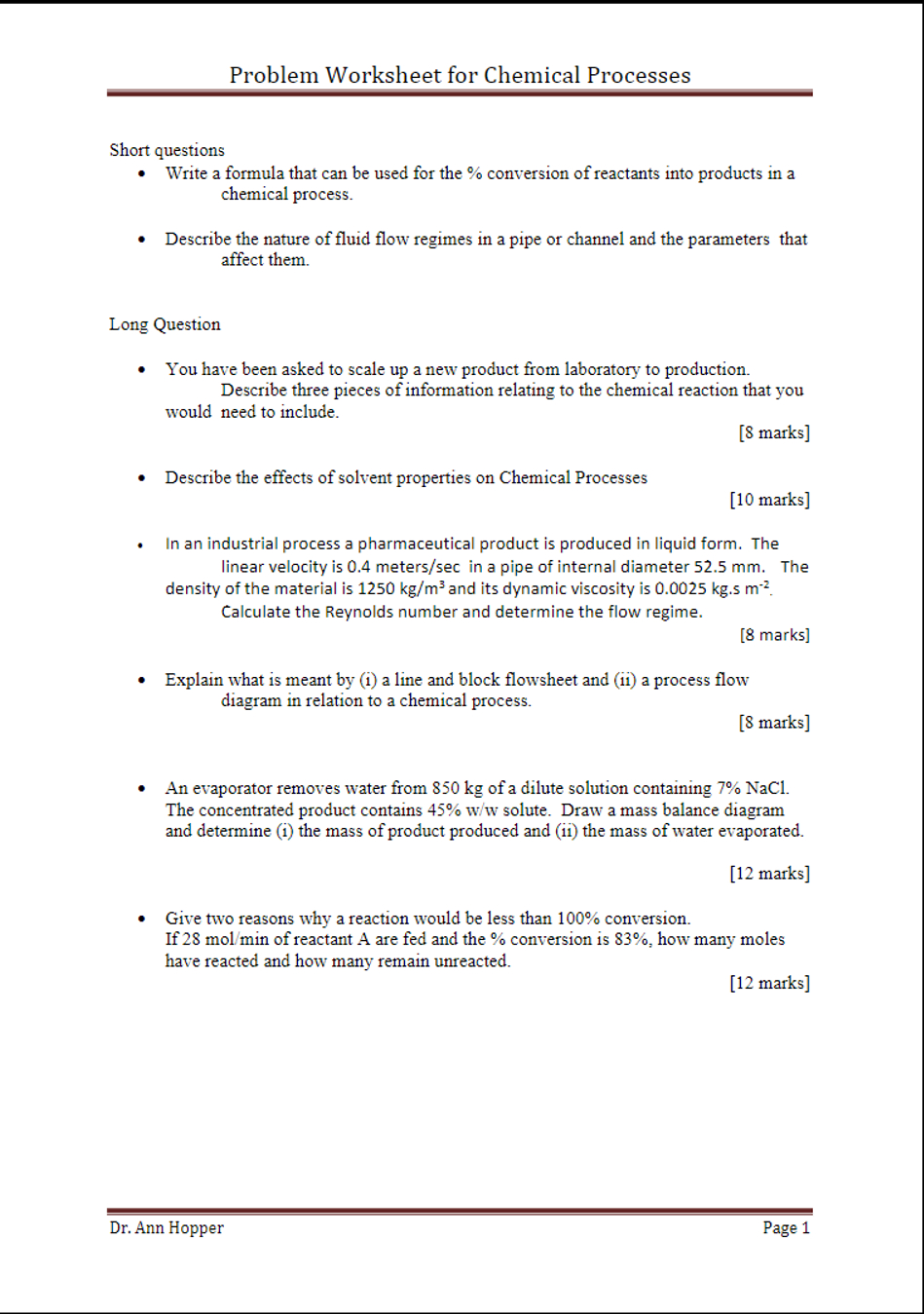 Solved can you help with this chemical processing sheet for | Chegg.com