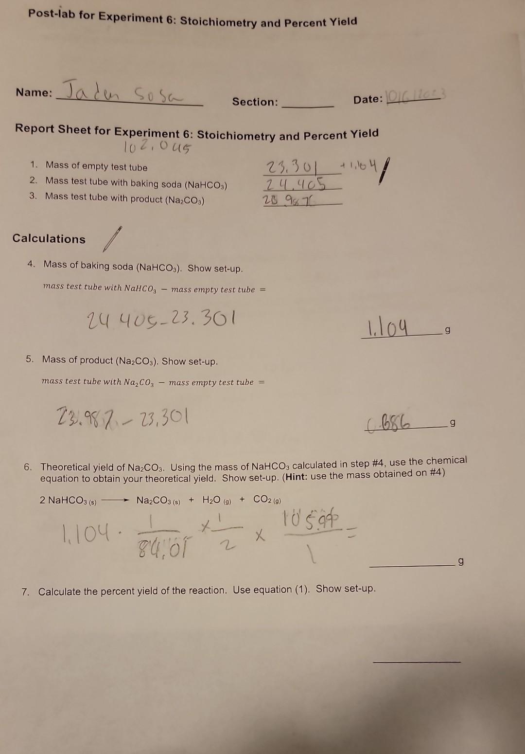 Solved Post-lab for Experiment 6: Stoichiometry and Percent | Chegg.com