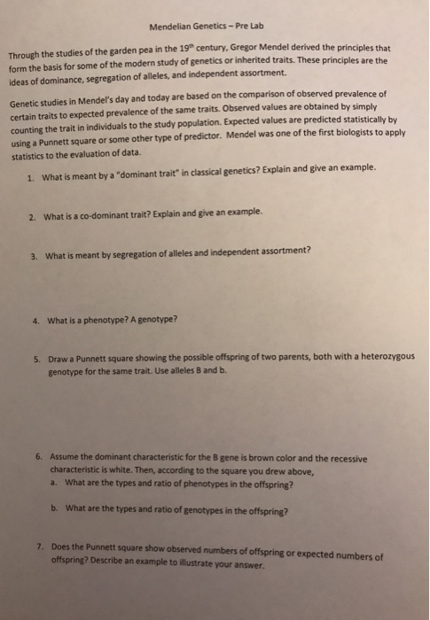 Solved Mendelian Genetics - Pre Lab Through the studies of | Chegg.com