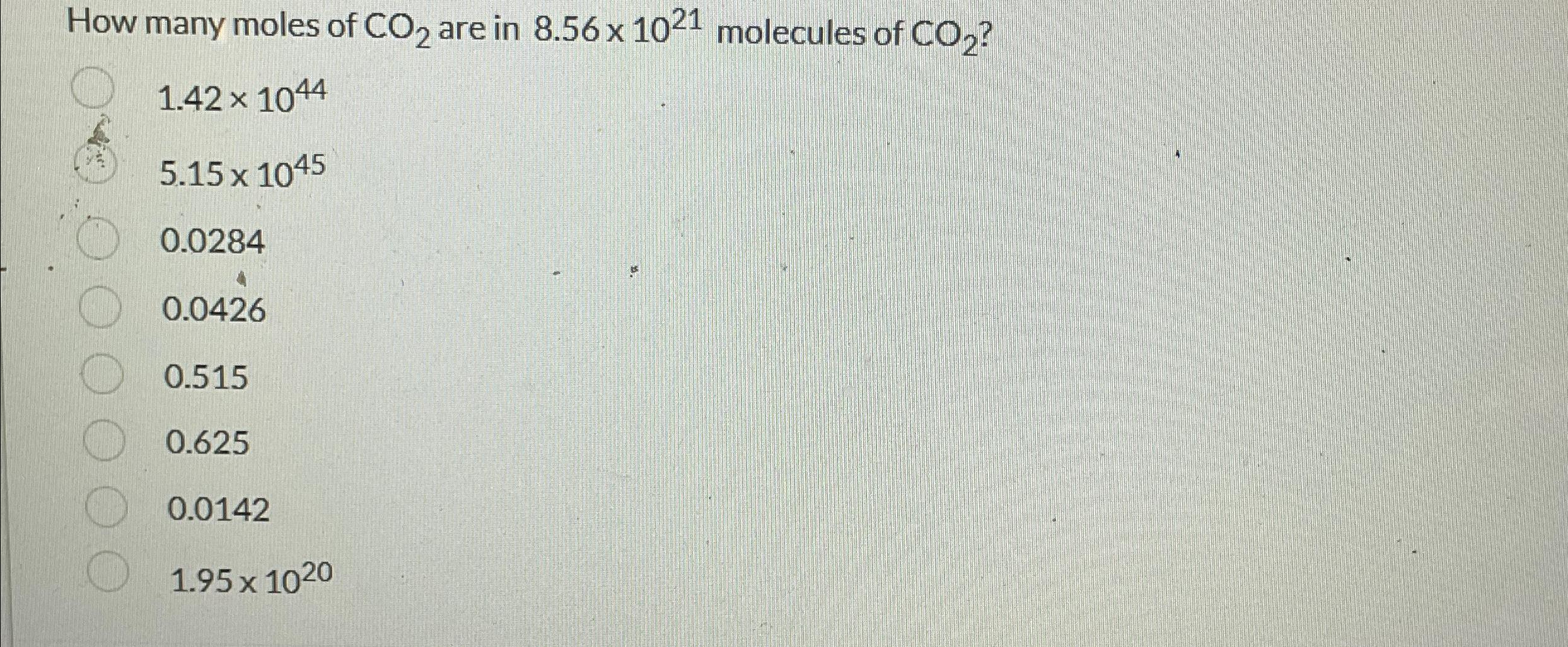 Solved How many moles of CO2 ﻿are in 8.56×1021 ﻿molecules of | Chegg.com