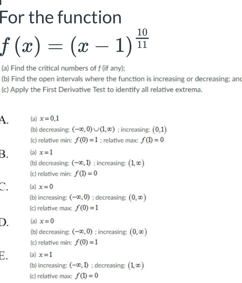 Solved For the functionf(x)=(x-1)1011(a) ﻿Find the critical | Chegg.com