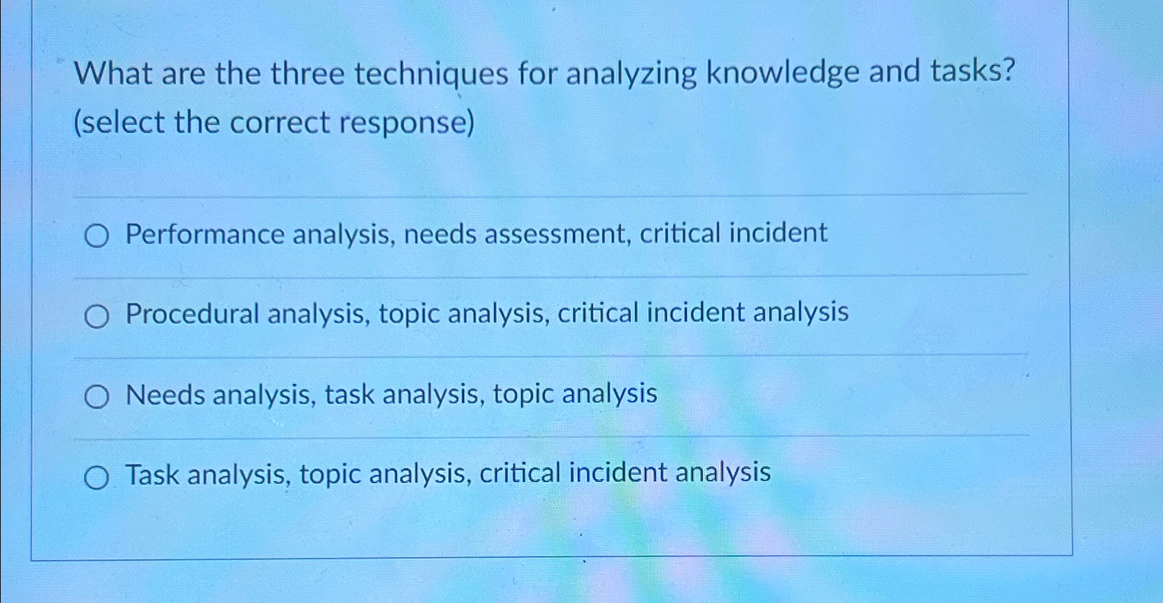 Solved What are the three techniques for analyzing knowledge | Chegg.com
