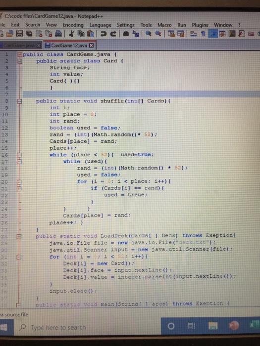 Solved Acode files\Card Game 12.java - Notepad++ ile Edit | Chegg.com