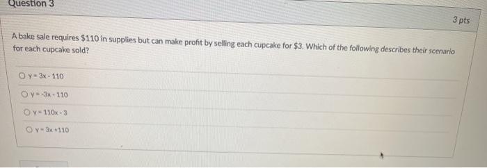 Solved Question 3 3 pts A bake sale requires $110 in | Chegg.com