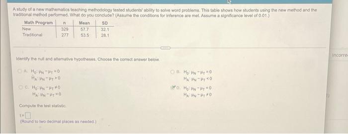 Solved A study of a new mathematics teaching methodology | Chegg.com