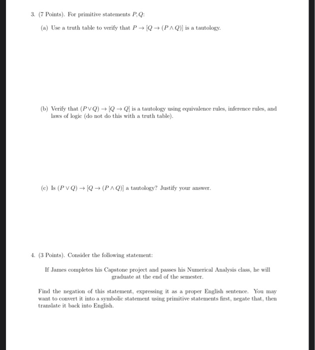 Solved 3. (7 Points). For primitive statements P.Q: (a) Use | Chegg.com