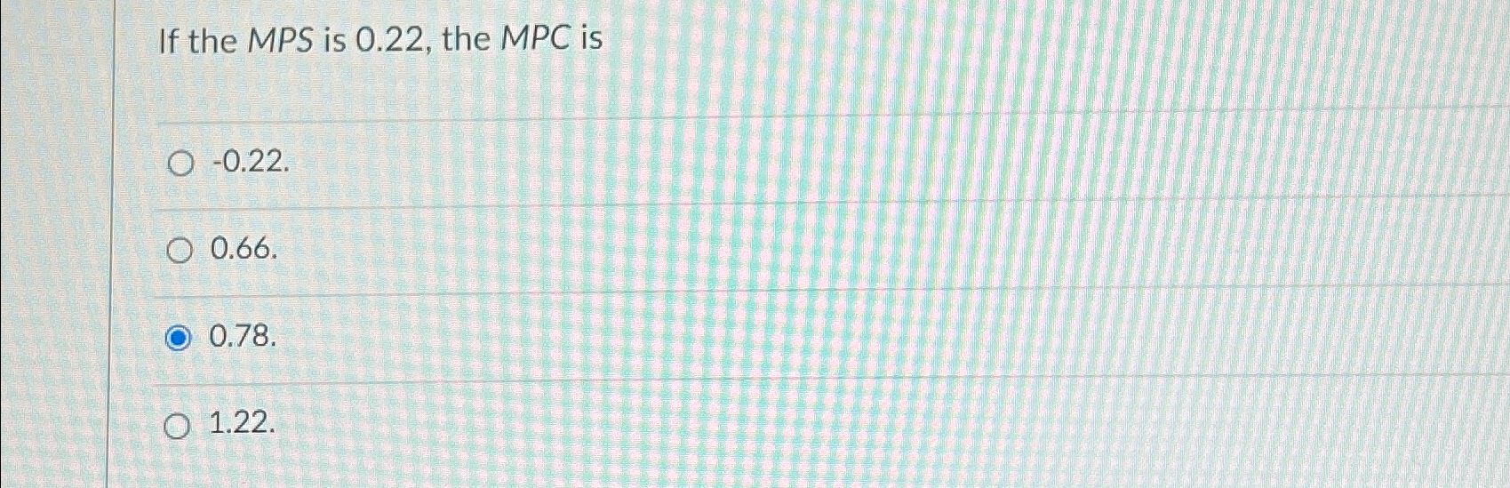 Solved If the MPS is 0.22 , ﻿the MPC is-0.220.660.781.22 | Chegg.com