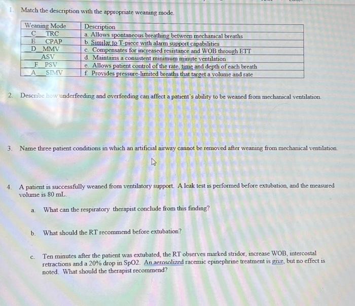 Solved Match the description with the appropriate weaning | Chegg.com