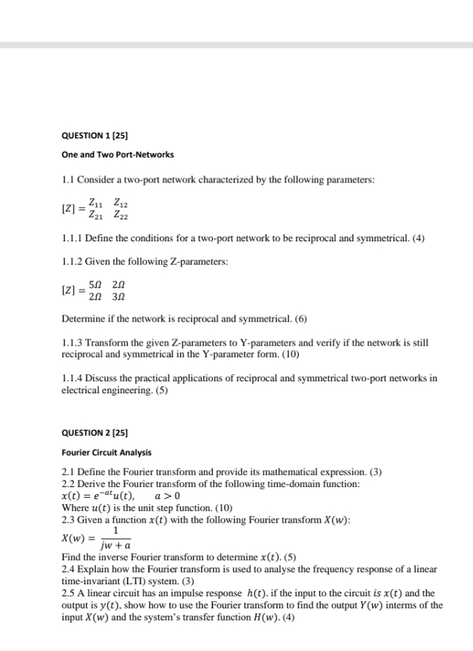 Solved QUESTION 1 [25]One and Two Port-Networks1.1 ﻿Consider | Chegg.com